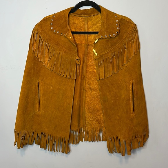 Vintage | Jackets & Coats | Vintage Tan Leather Suede Cape With Fringe ...
